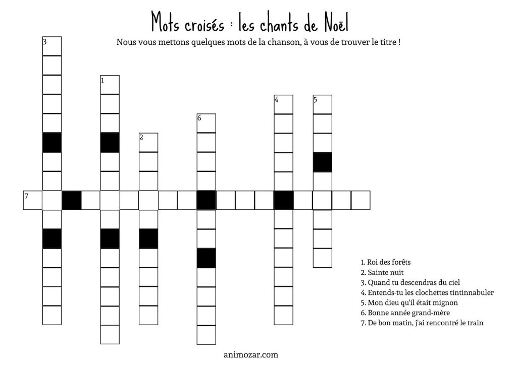 Mots croisés : les chants de Noël – Animozar